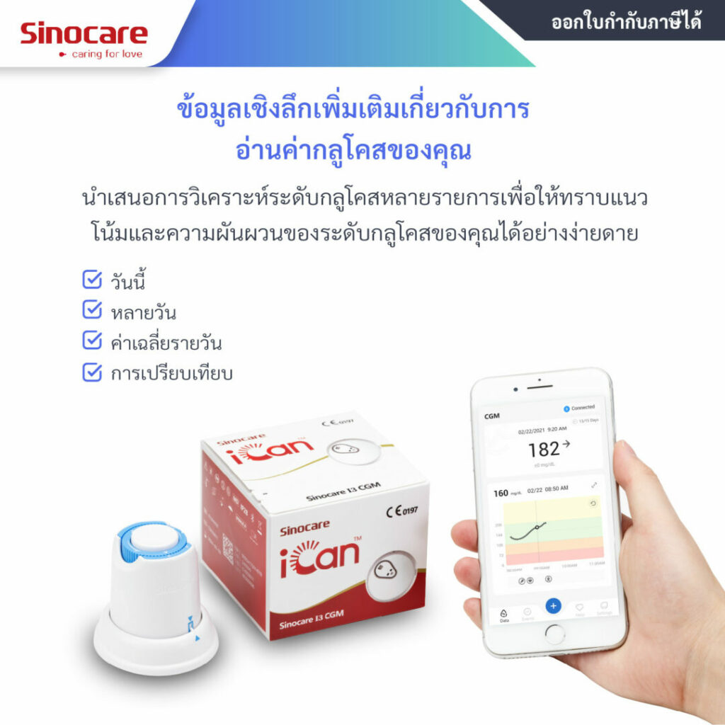 เครื่องวัดระดับน้ำตาลในเลือด แบบต่อเนื่อง Sinocare Continuous Glucose ...
